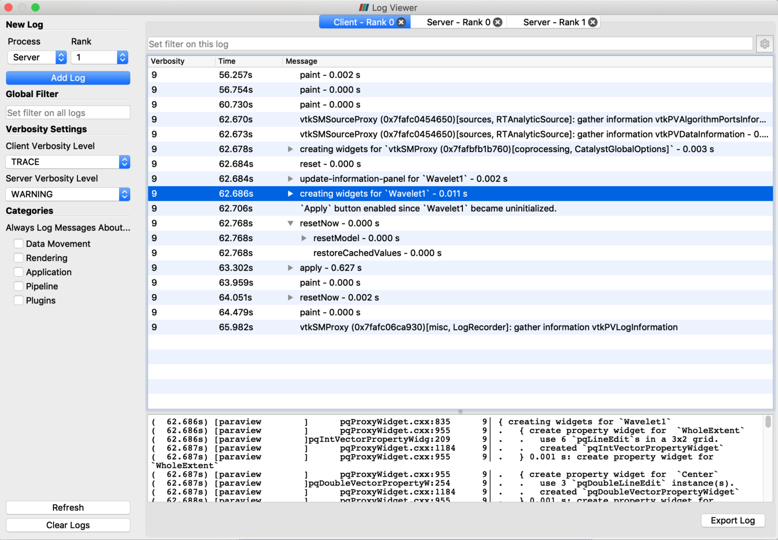 ParaView’s Advanced Logging User Interface