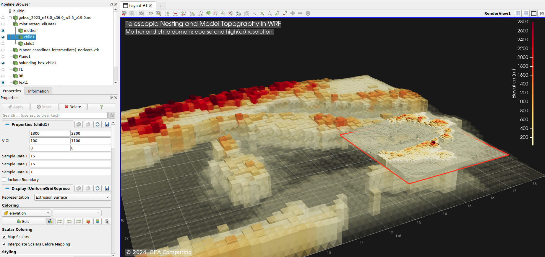 Visualizing Weather Research and Forecasting Telescopic Nesting with ParaView